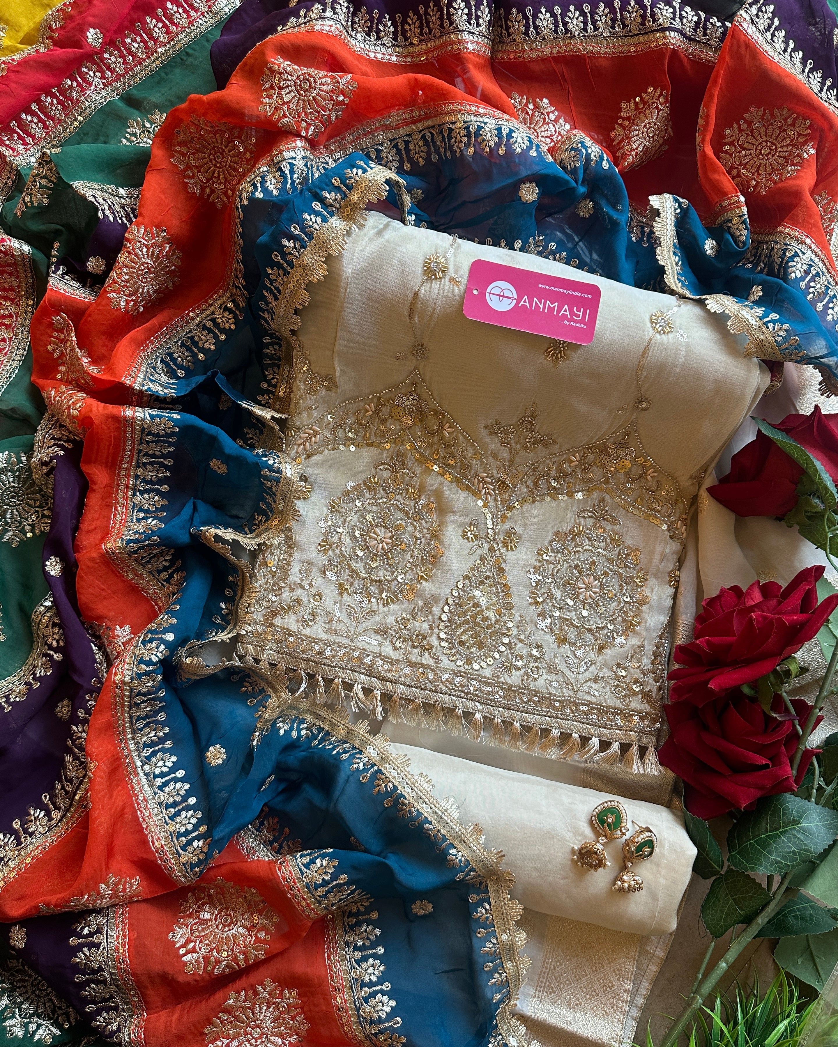 Kanjivaram hand embroidered shimmer silk suit set with coloured dupatt