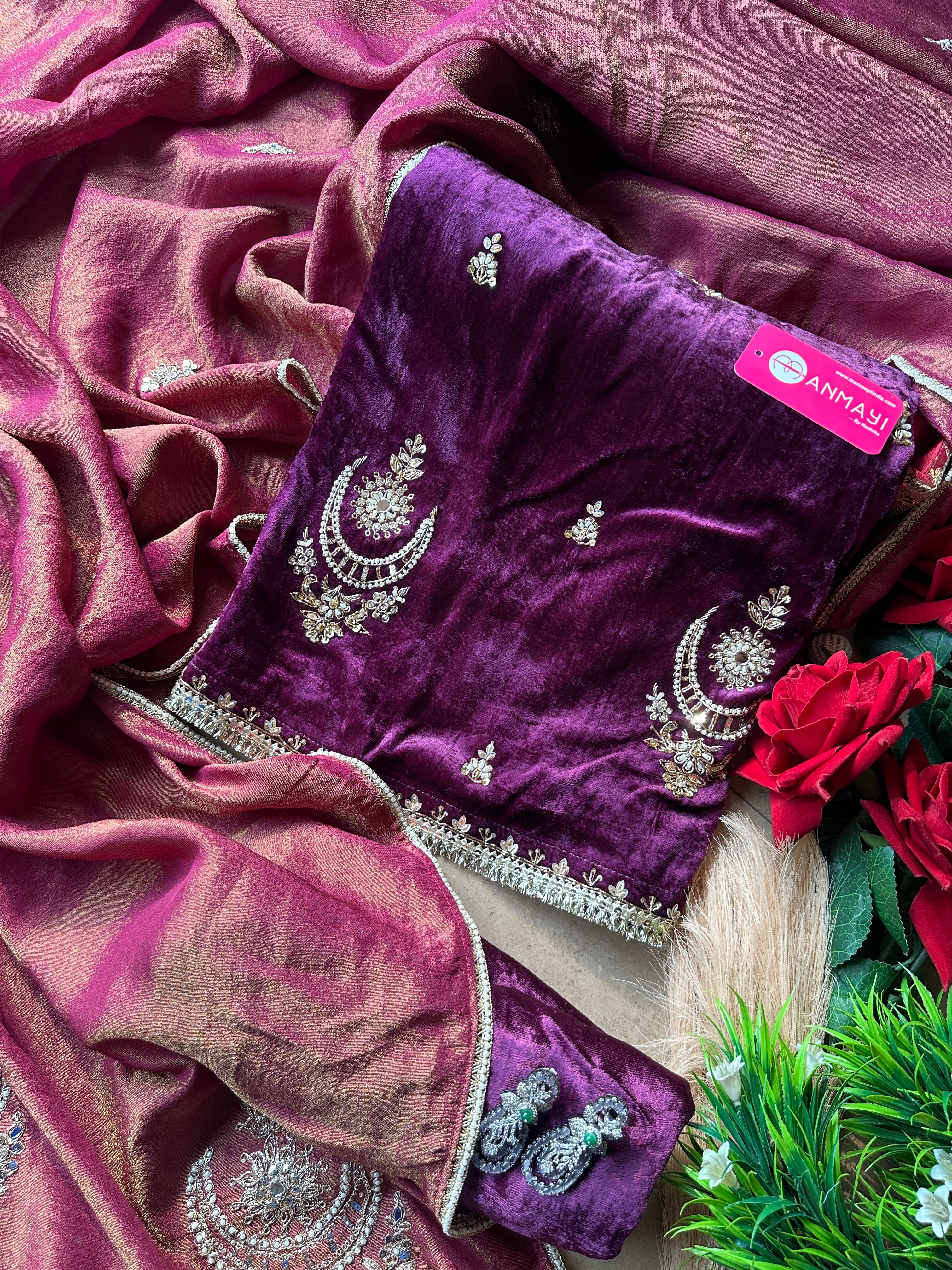 Hand crafted pure velvet suit set with tissue dupatta