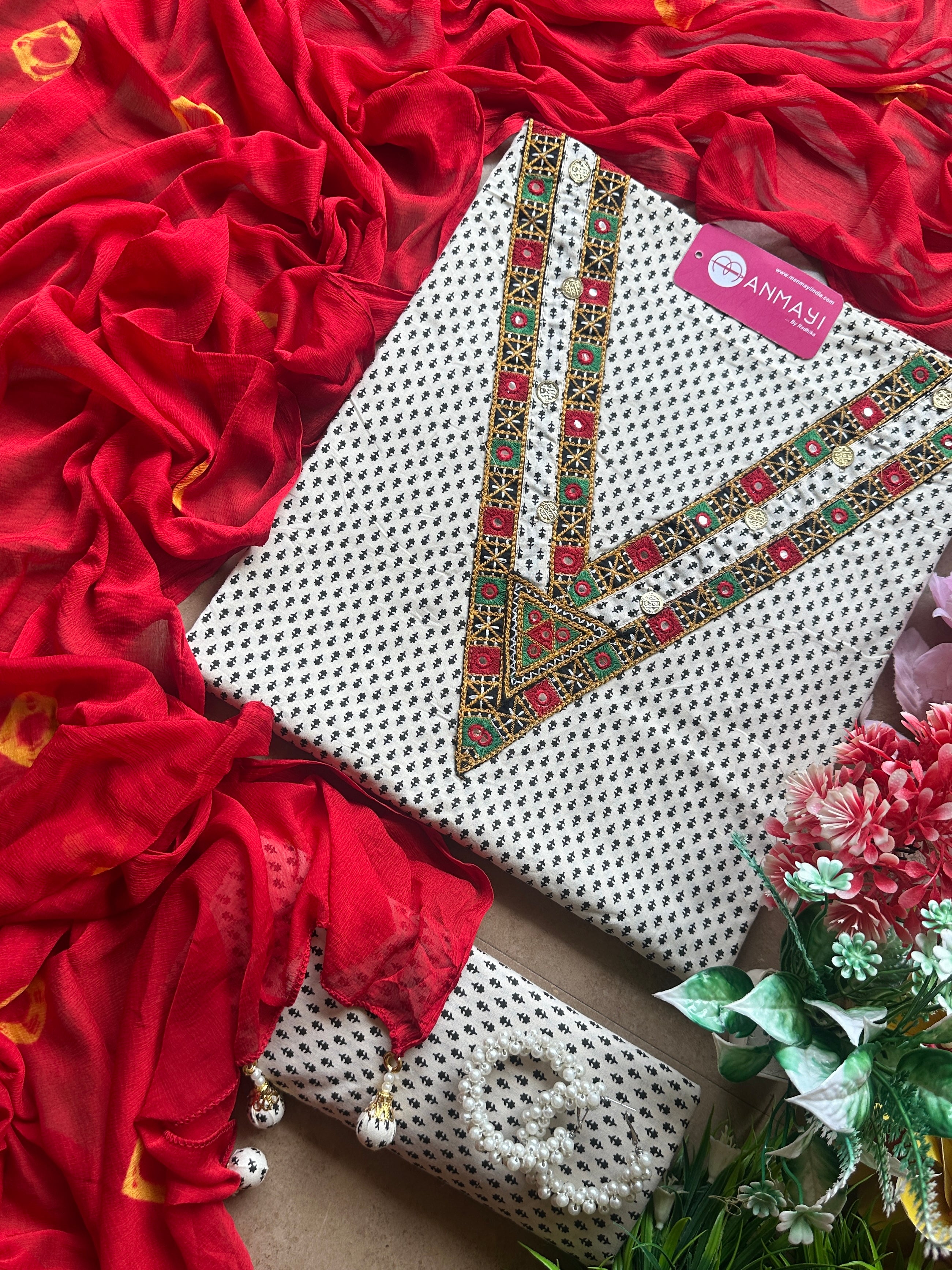 Jodhpuri self print cotton suit set with Jodhpuri neck and batik chiff