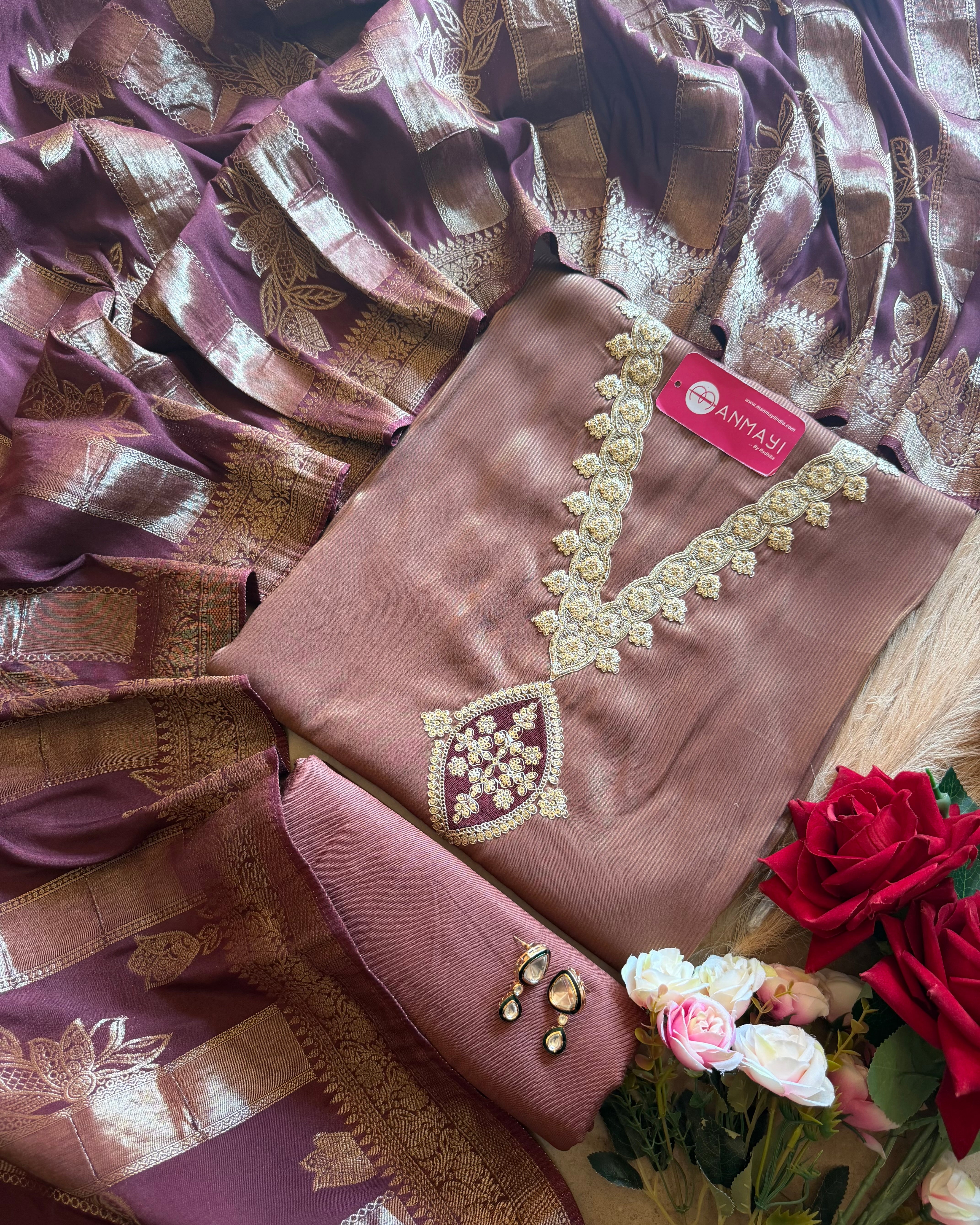 Shimmer lines cotton silk suit set with jacquard silk dupatta